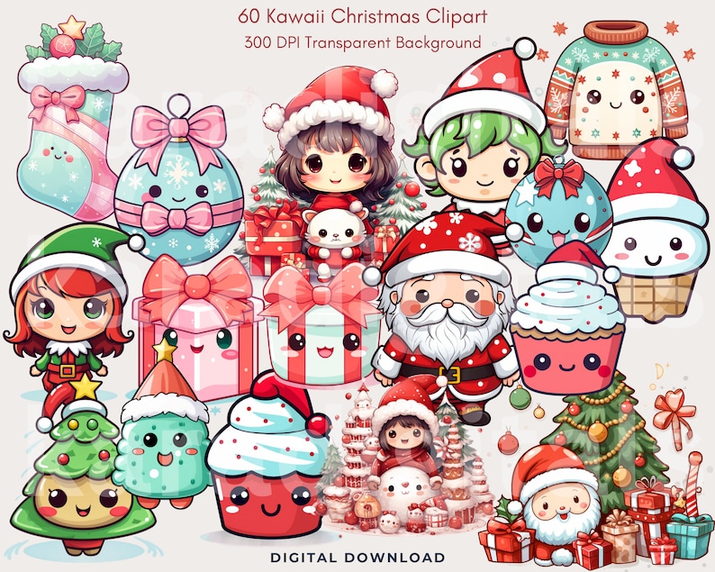 Kawaii Christmas Clipart, 60 PNG Files, Bundle Christmas Clipart ...