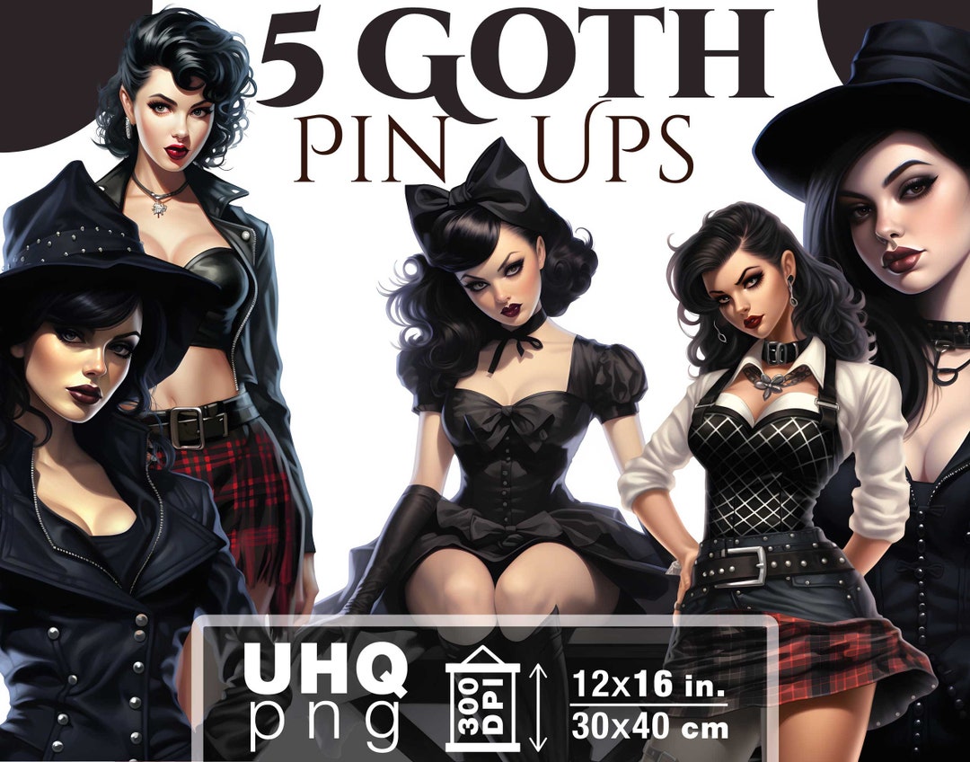 Work & Print - 5 Png Bundle Goth Pin up Models Illustrations - 300 DPI, 12 in X 16 Inches / 30 X ...