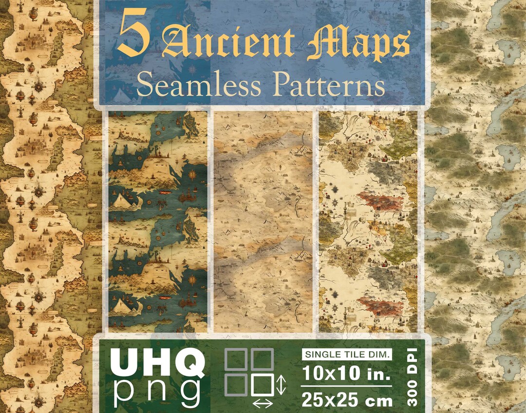 Work & Print - 5 Ancient Maps Digital Paper Seamless Pattern Png Bundle ...