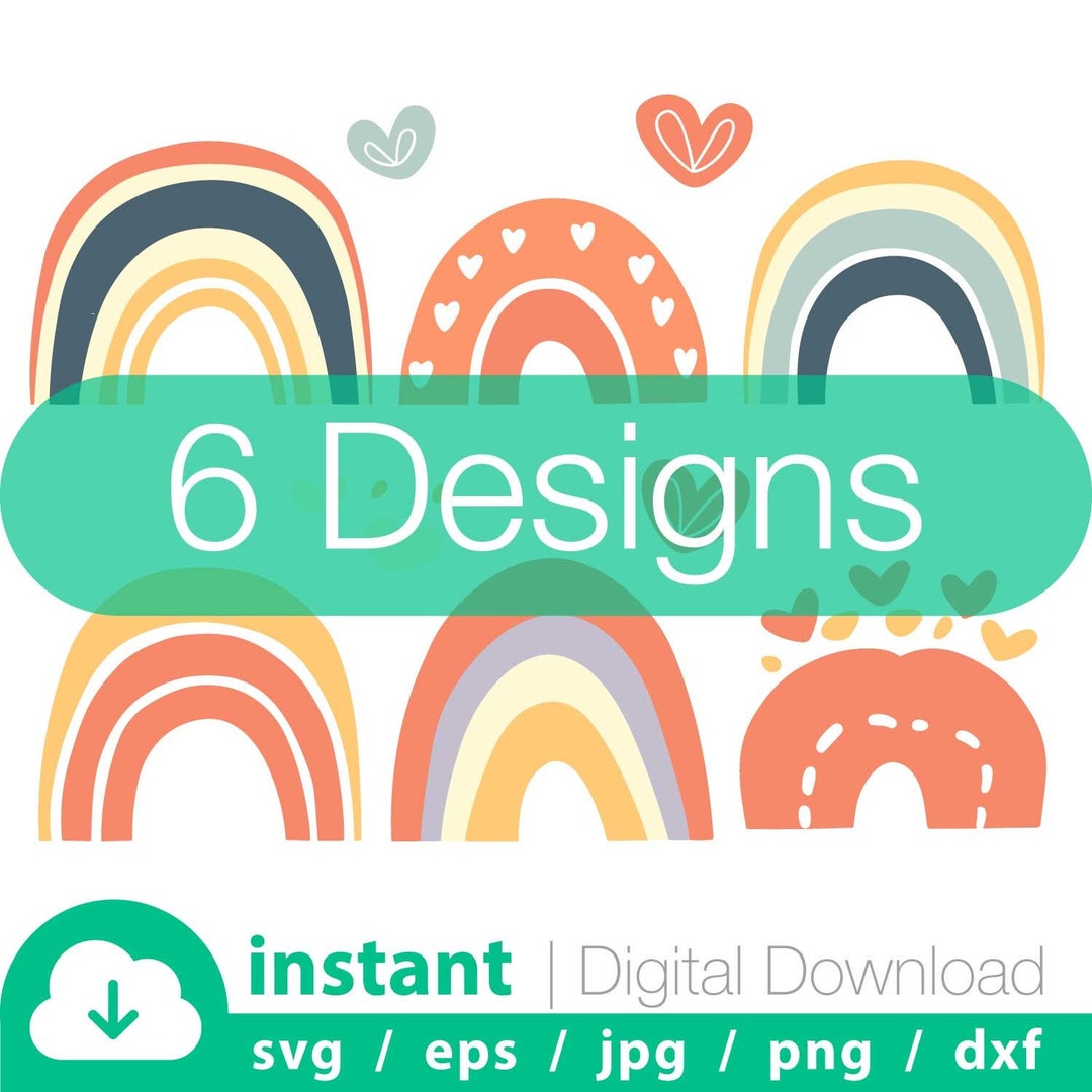 6x Boho Rainbows Heart Svg Bundle, Hand Drawn Rainbow Png, Boho Rainbow ...