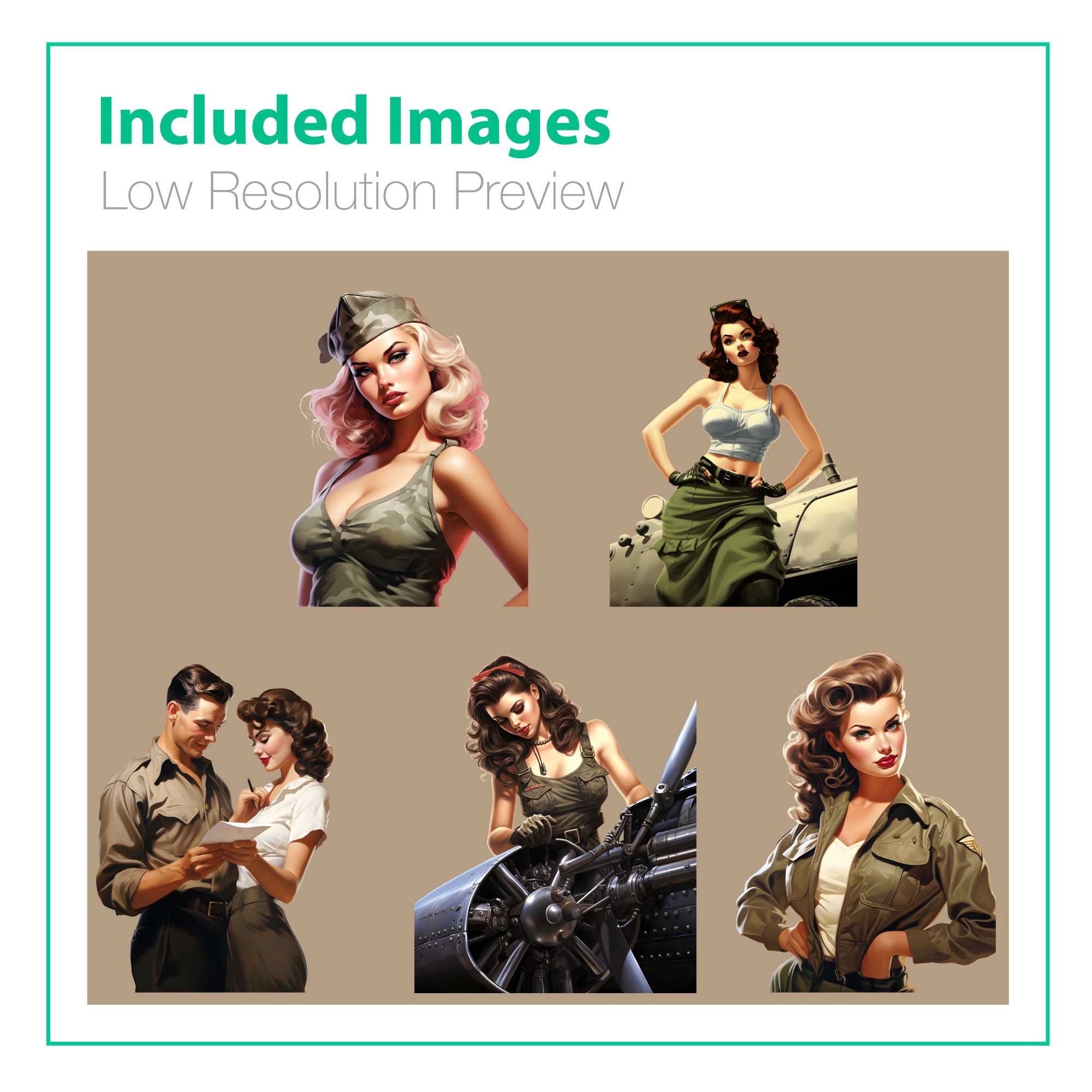 Work And Print 5 Png Bundle Vintage Military Pin Up Girls 300 Dpi 12 In X 16 Inches 30 X 40