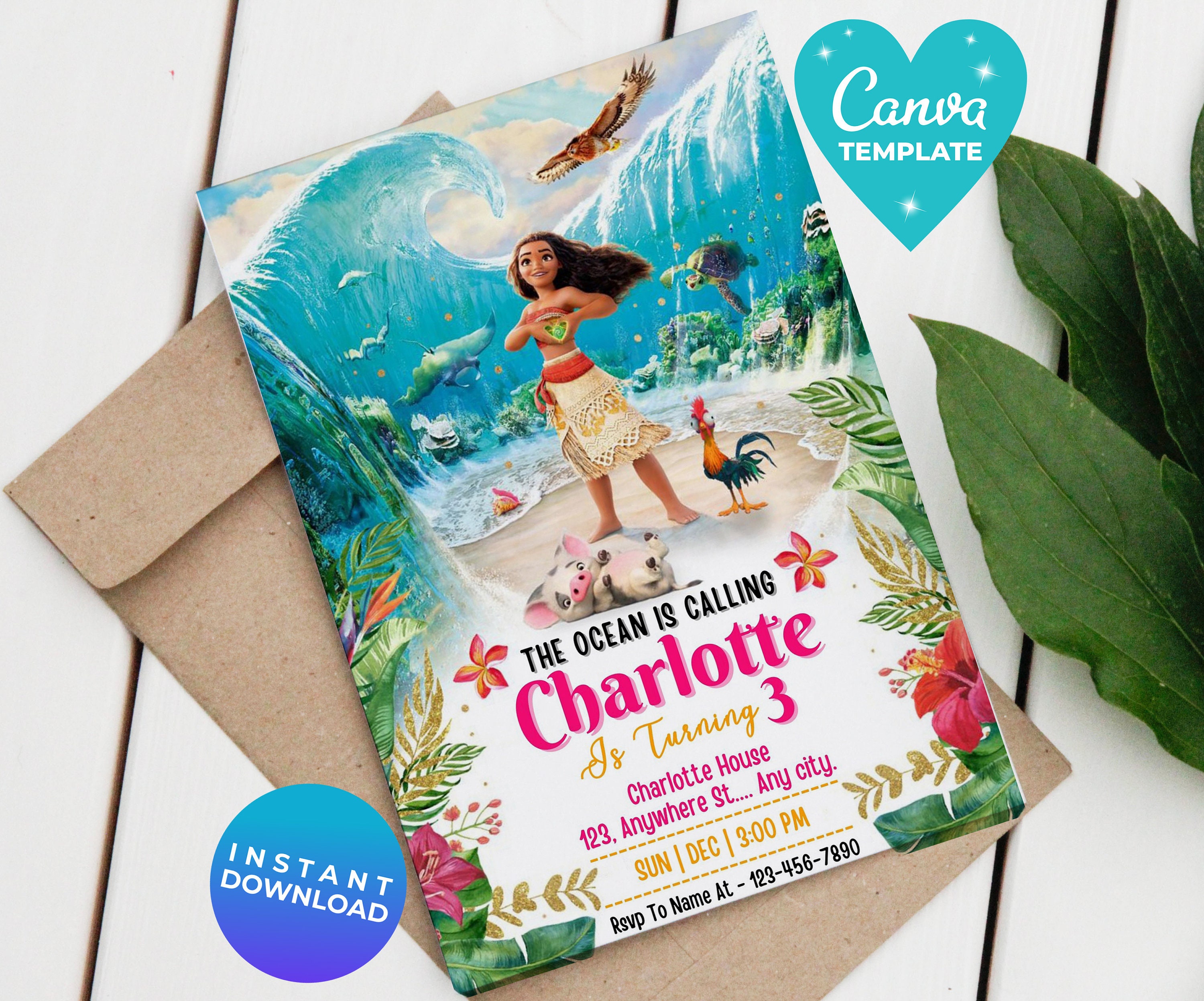 Invitación de cumpleaños editable de Moana / Invitación a fiesta ...