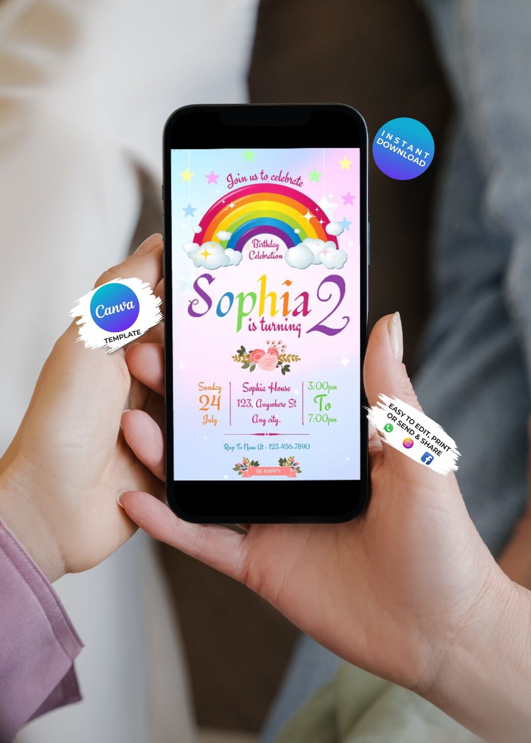 Editable Rainbow Theme Phone Birthday Invitation Rainbow - Etsy