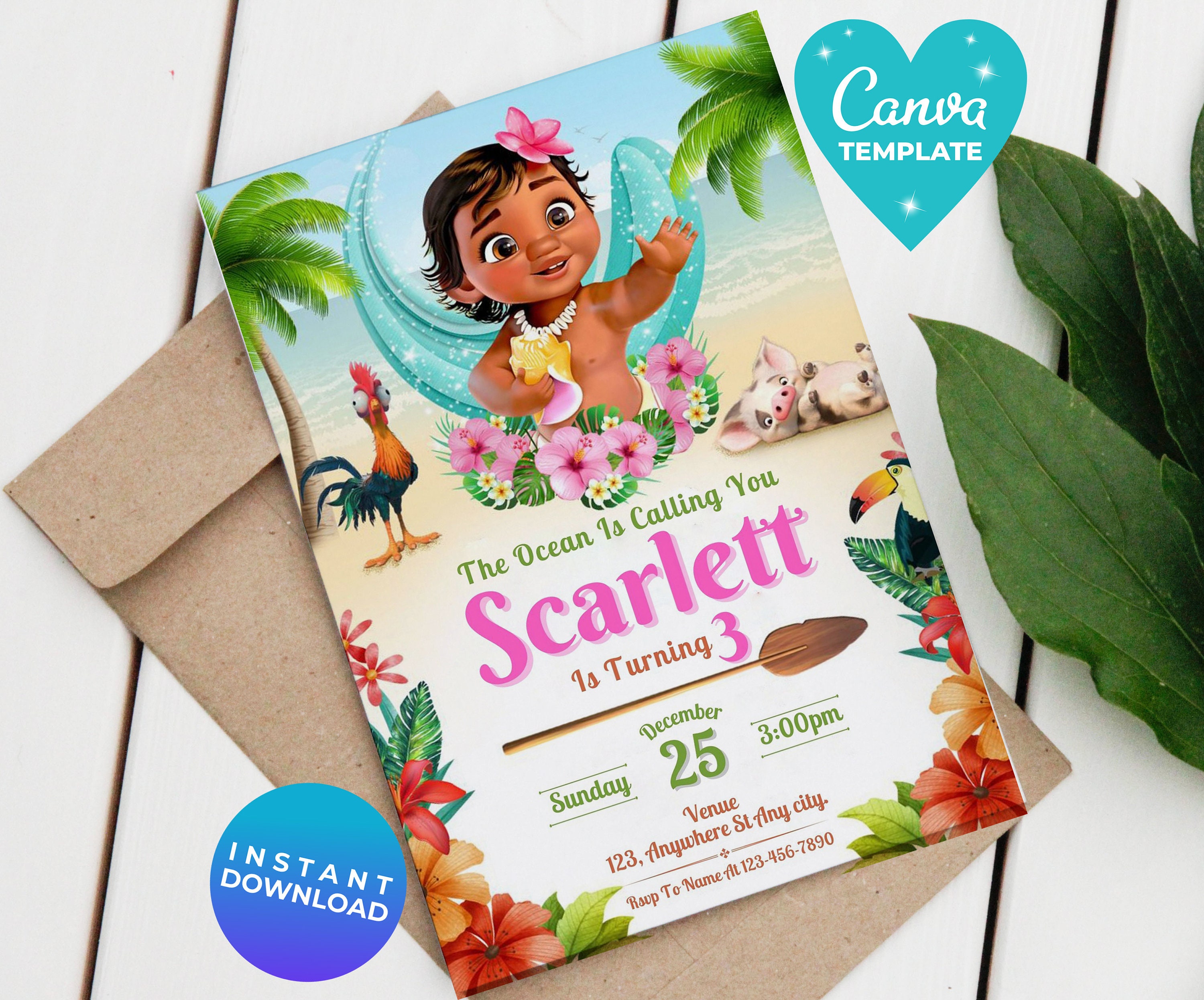 Invitación de cumpleaños editable de Moana / Invitación a fiesta ...