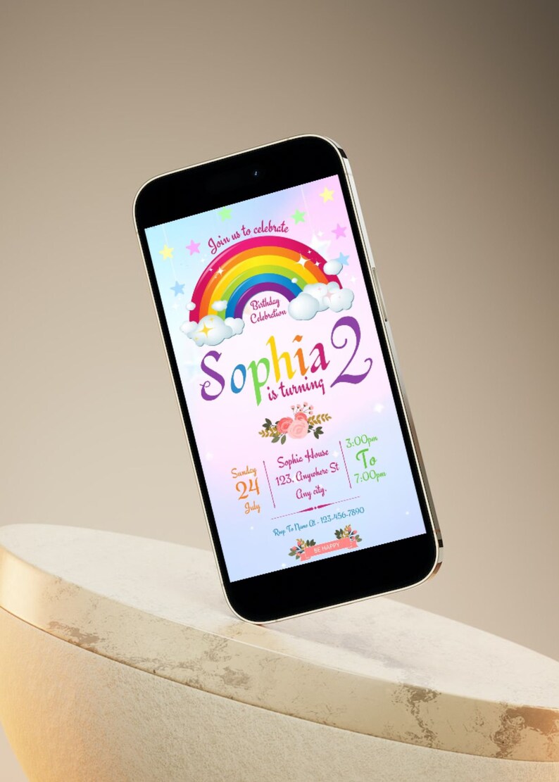 Editable Rainbow Theme Phone Birthday Invitation Rainbow - Etsy
