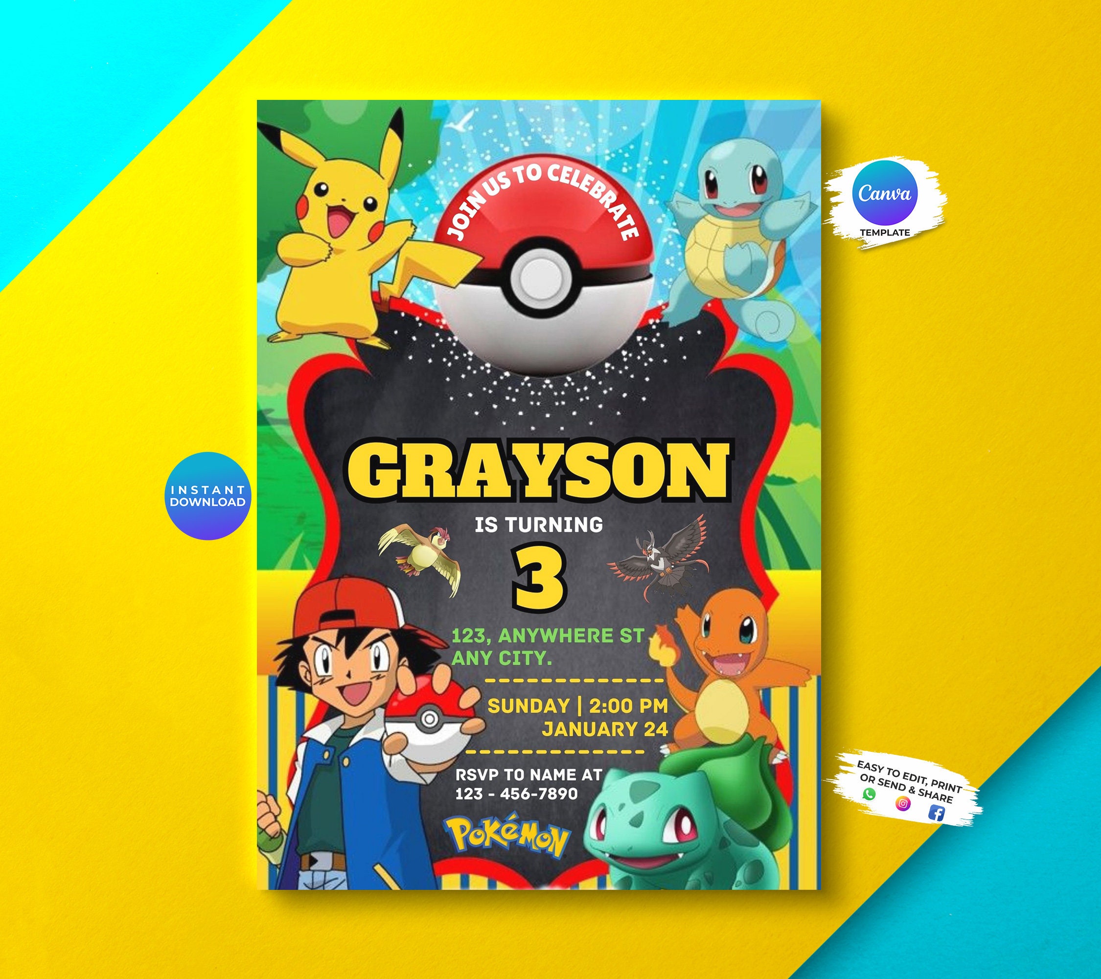 Editable Pokemon Birthday Invitation Pokemon Party - Etsy