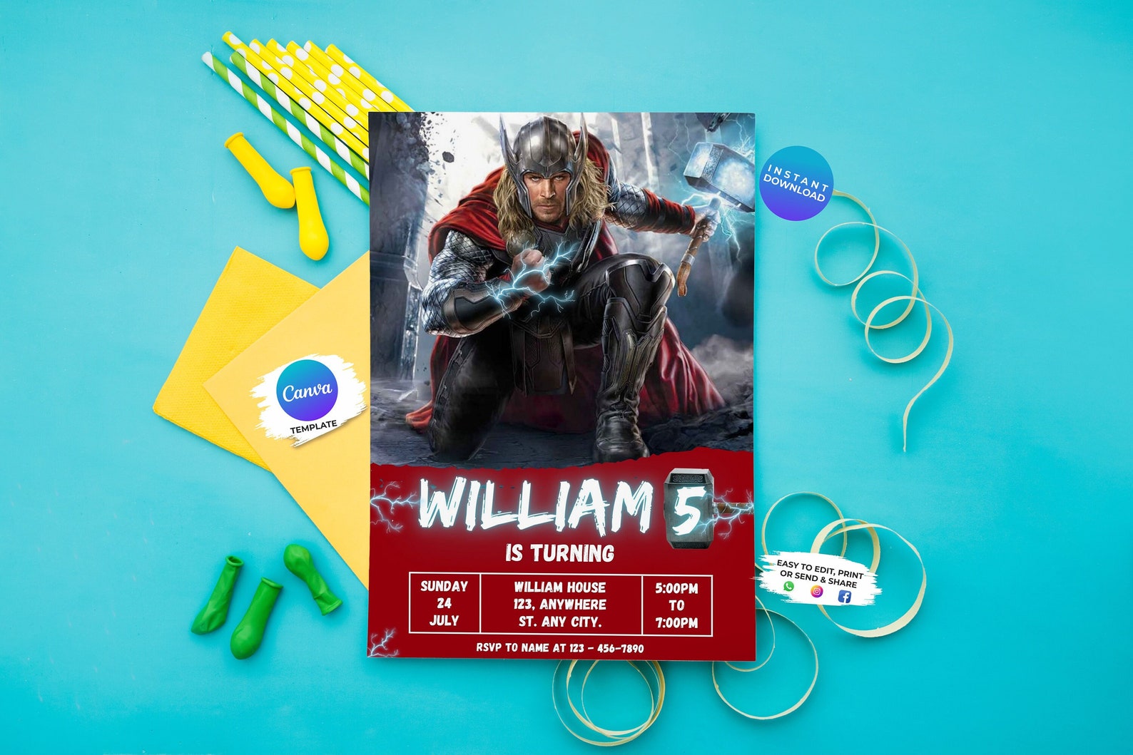 Editable Thor Birthday Invitation Mighty Thor Party Invitation Thunder ...