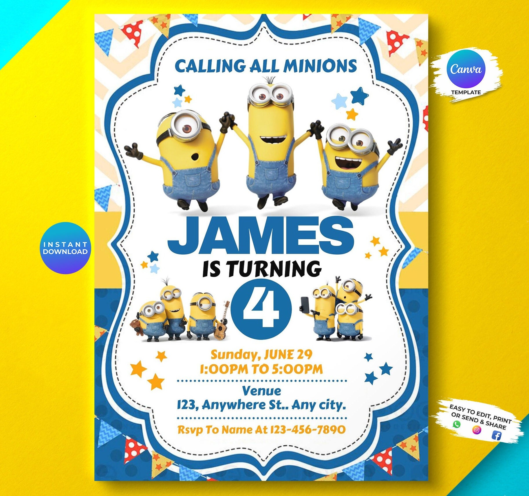 Editable Yellow Minions Cute Birthday Invitation Boys and Girls Party ...