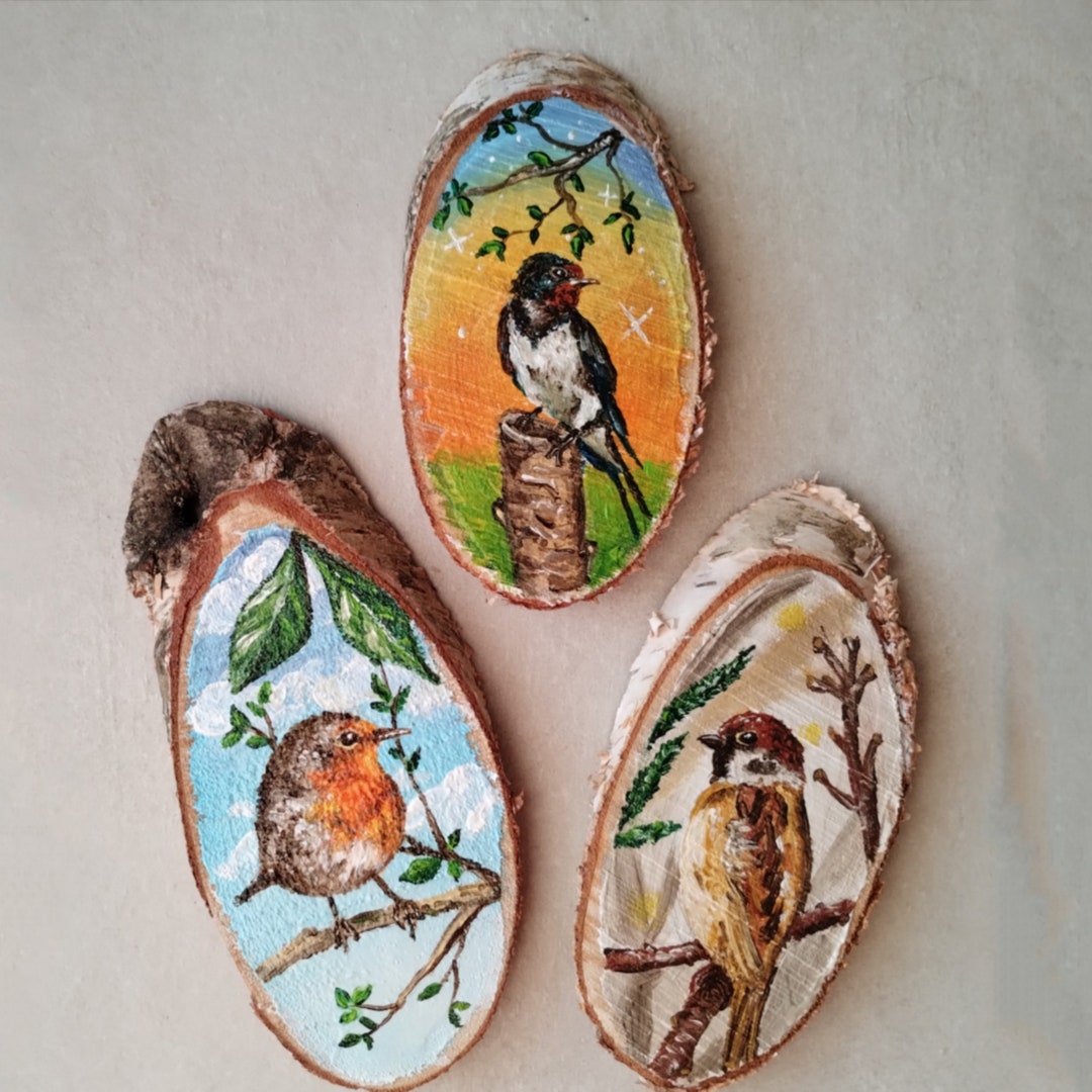 Hand Painted Wooden Disc, Wood Slices With Birds, Robin, Swallow and ...