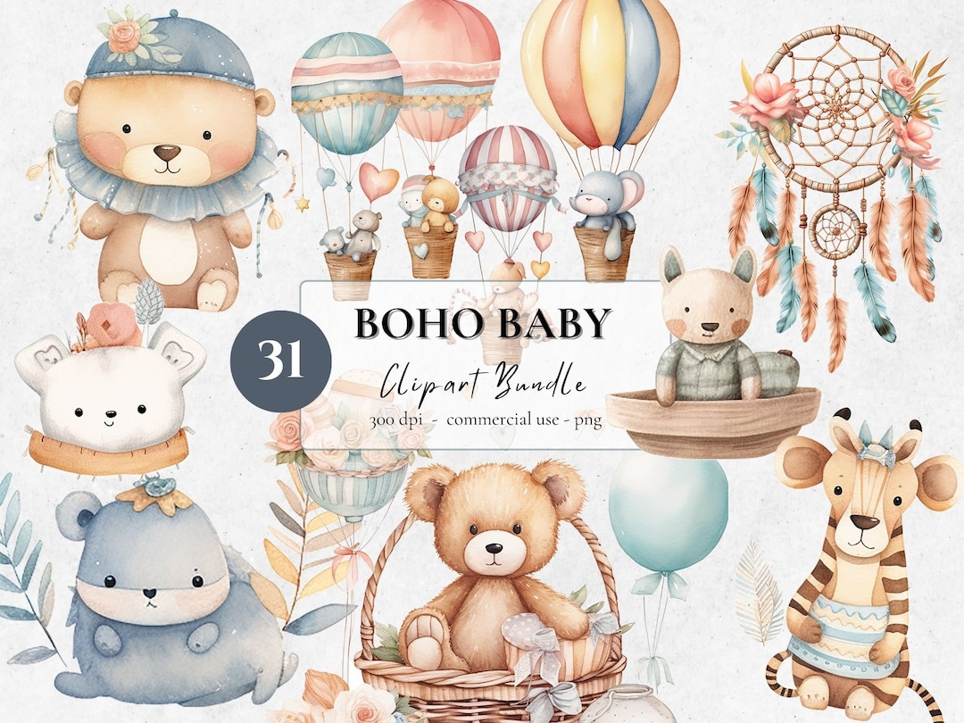 Whimsical Boho Baby Clipart Bundle: Neutral Colors, Perfect for Baby ...