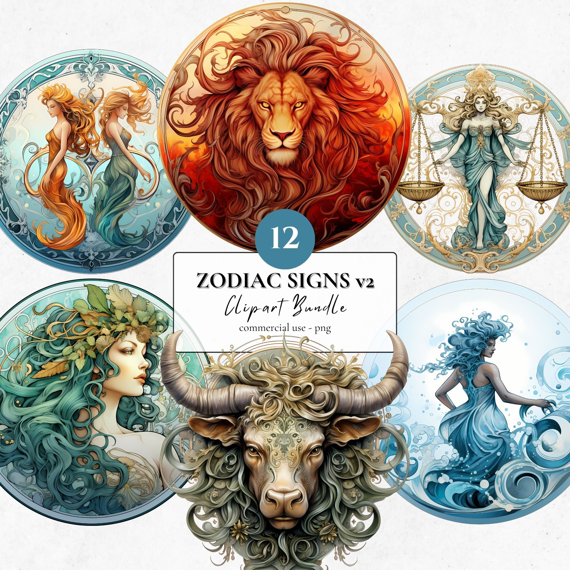 Zodiac Signs V2 Clipart Bundle | 12 PNG | Digital Download | Commercial ...