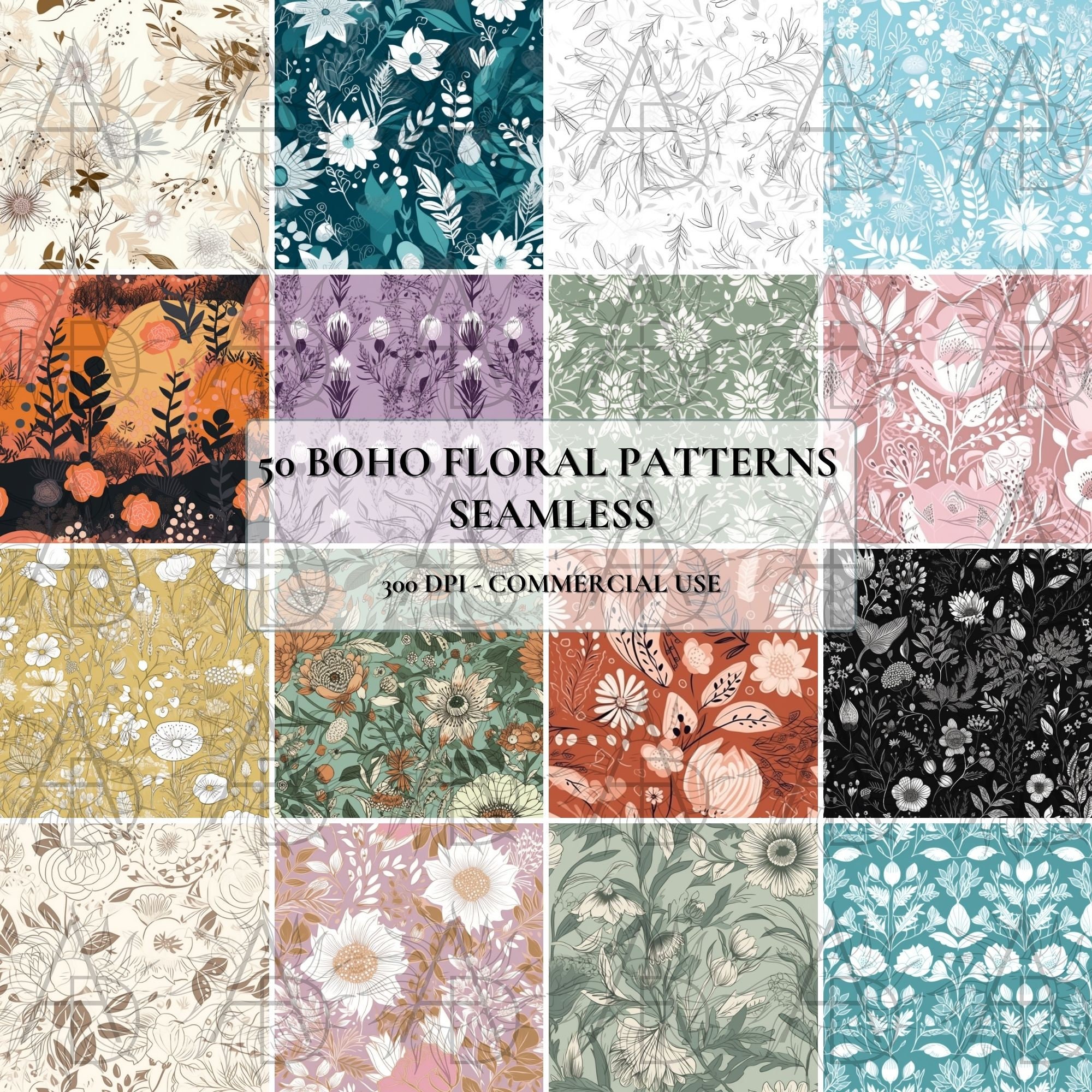 50 Boho Floral Patterns PNG Digital Download, Commercial Use, Seamless ...