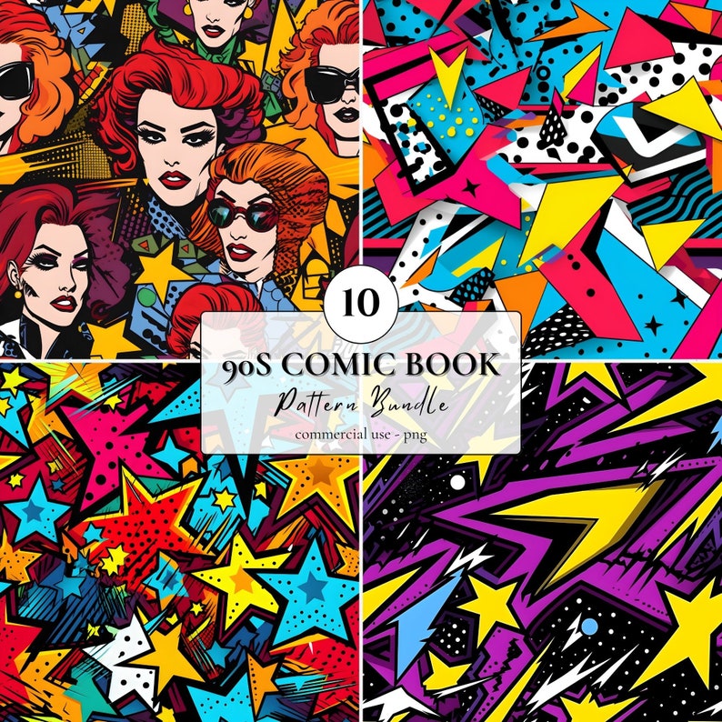 90s Comic Book Seamless Pattern Bundle | 10 PNG | 1990s Inspired ...