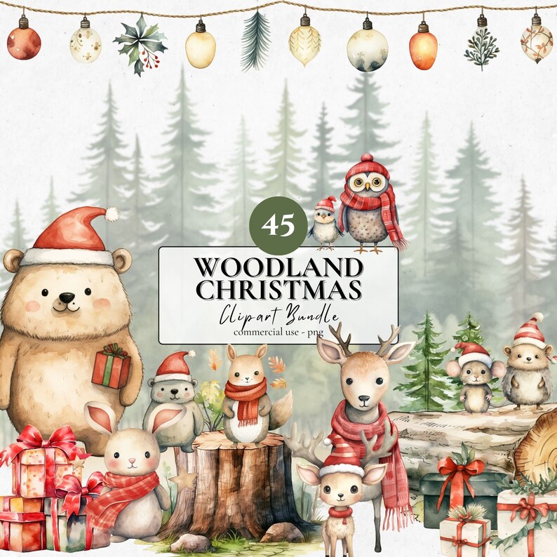 Woodland Christmas Clipart Bundle | 45 PNG | Woodland Animals Christmas ...