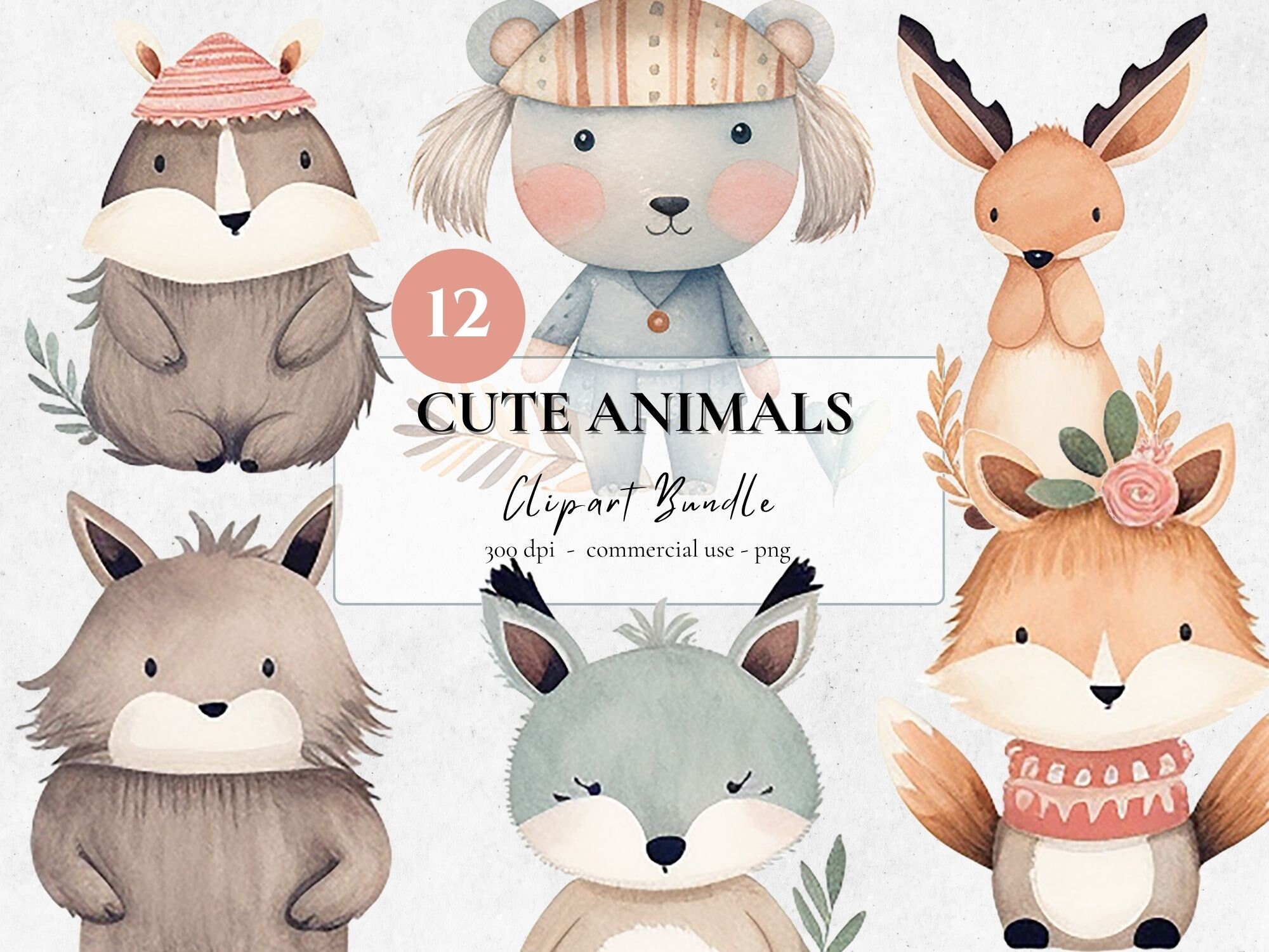 Cute Animals Clipart Bundle | 12 PNG | Digital Download | Commercial ...