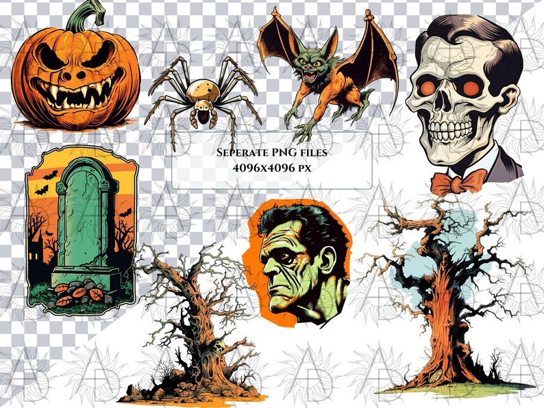 Vintage Halloween Clipart Bundle 20 PNG 1 Seamless Pattern 1930s Comic ...