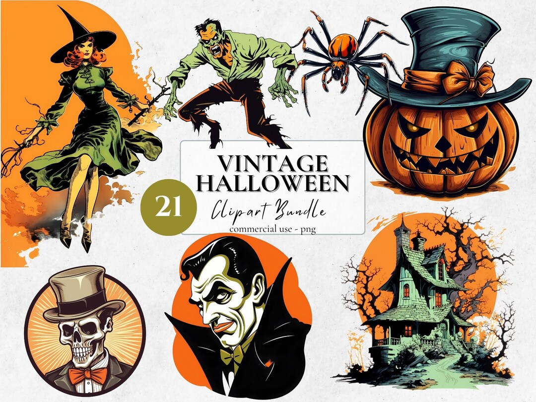Vintage Halloween Clipart Bundle | 20 PNG + 1 Seamless Pattern | 1930s ...