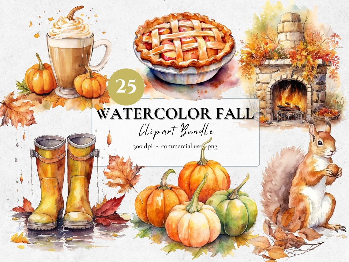 Watercolor Fall Clipart Bundle 25 PNG Digital Download Commercial Use ...