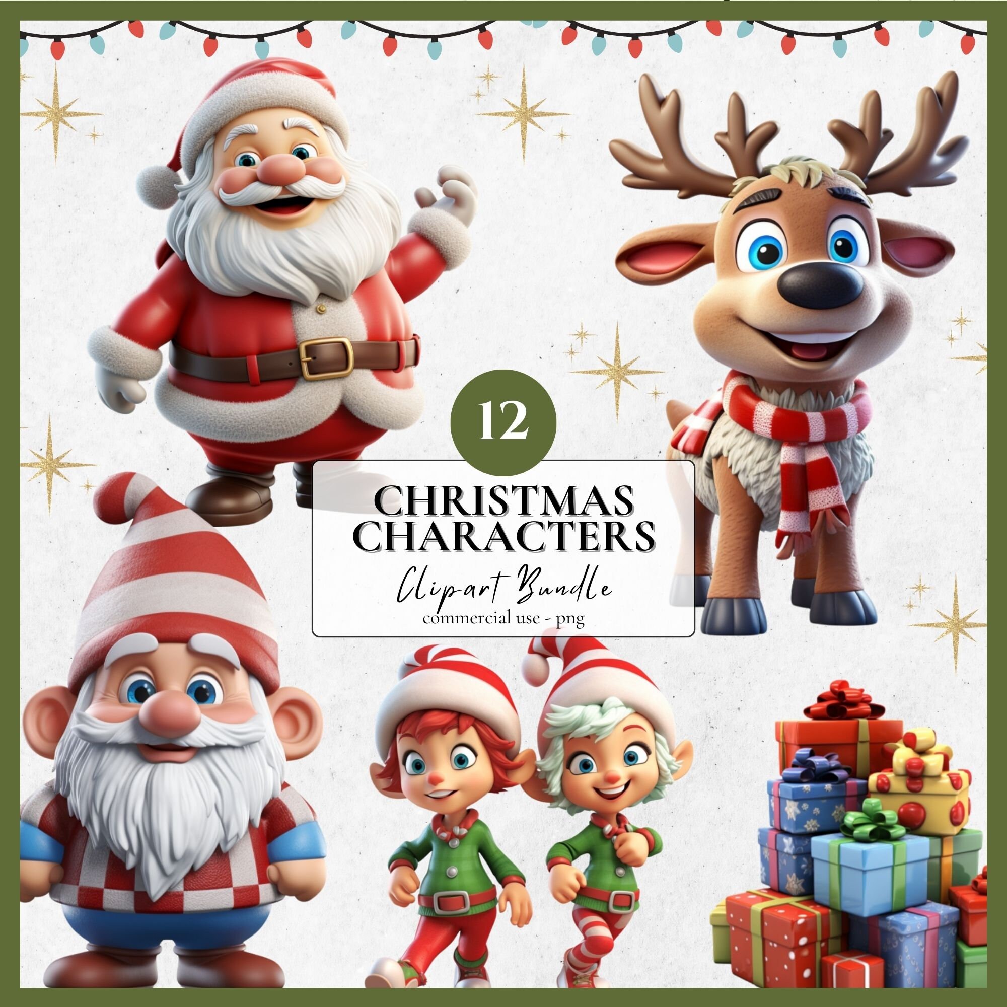 3D Christmas Characters Clipart Bundle 12 PNG Santa, Reindeer, Elves ...