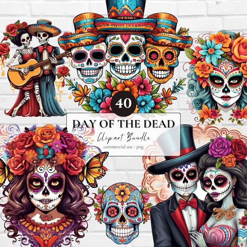 Day of the Dead Clipart Bundle | 40 PNG | Dia De Los Muertos Design ...