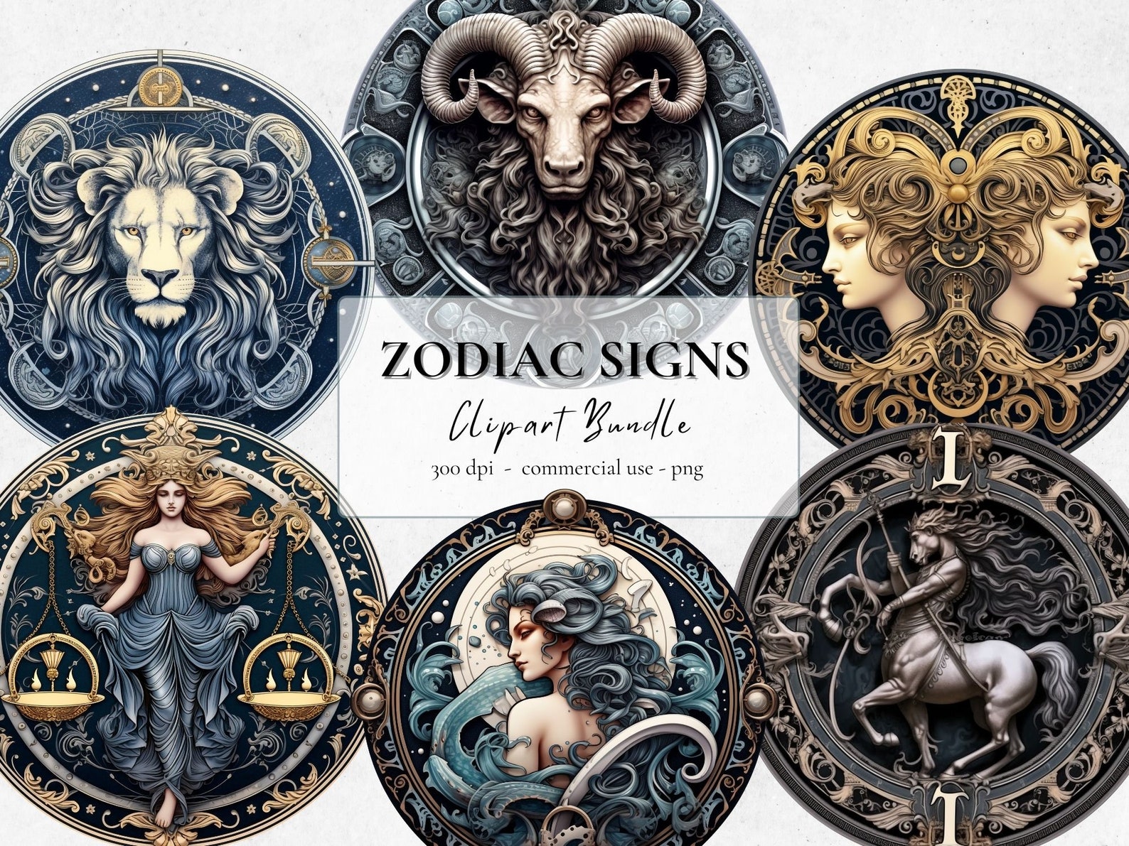 Zodiac Signs Clipart Bundle 12 PNG Digital Download Commercial Use Dark ...