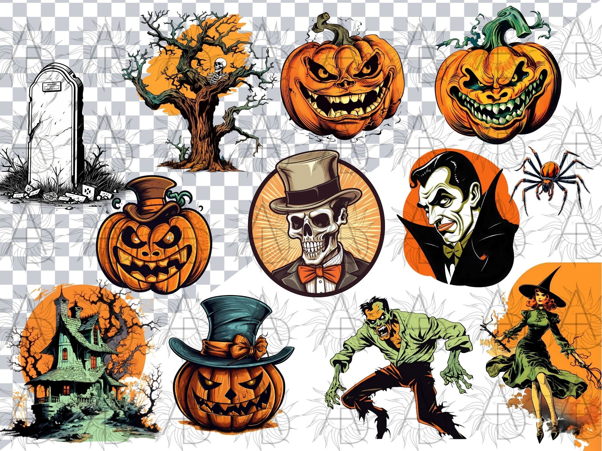 Vintage Halloween Clipart Bundle 20 PNG 1 Seamless Pattern - Etsy