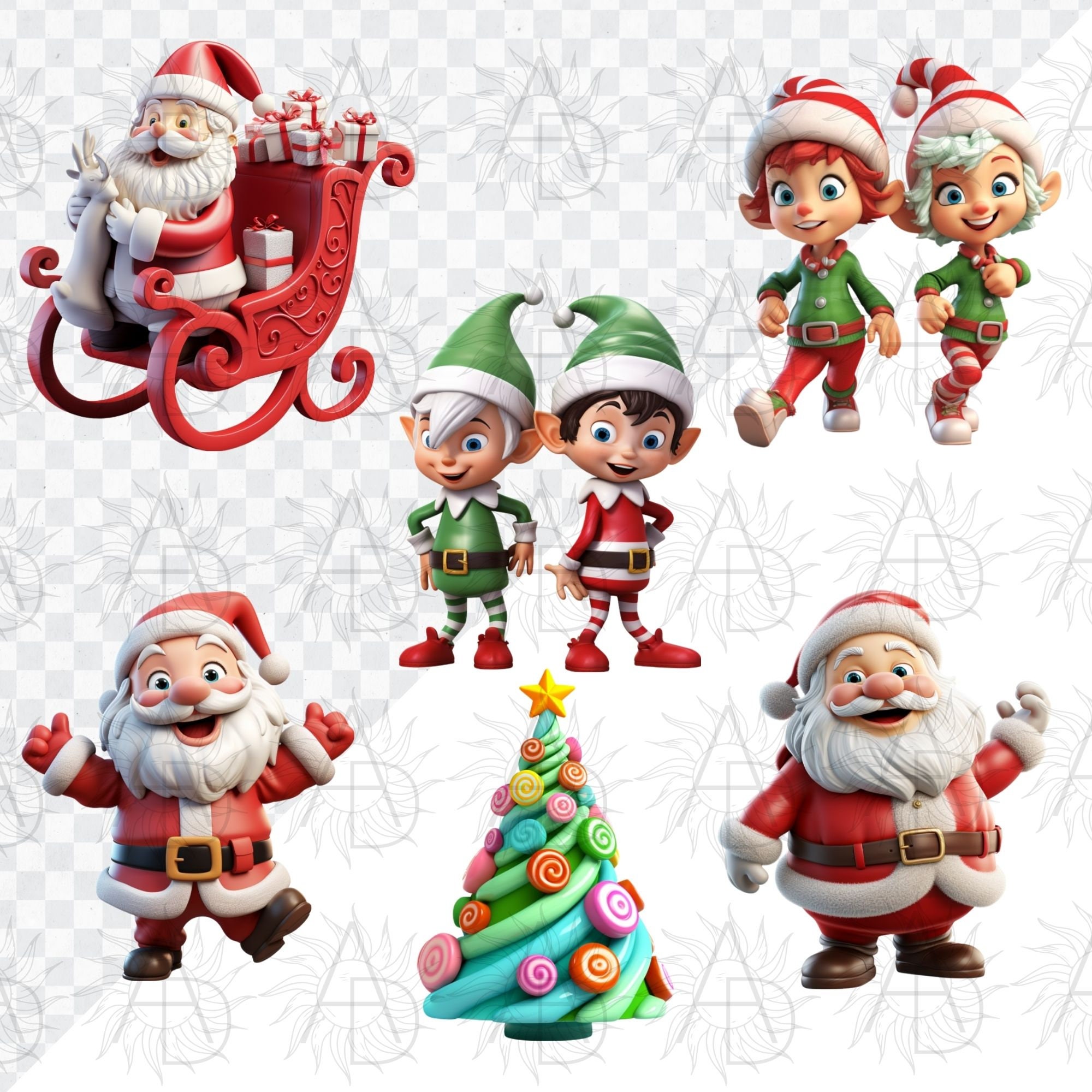 3D Christmas Characters Clipart Bundle 12 PNG Santa, Reindeer, Elves ...