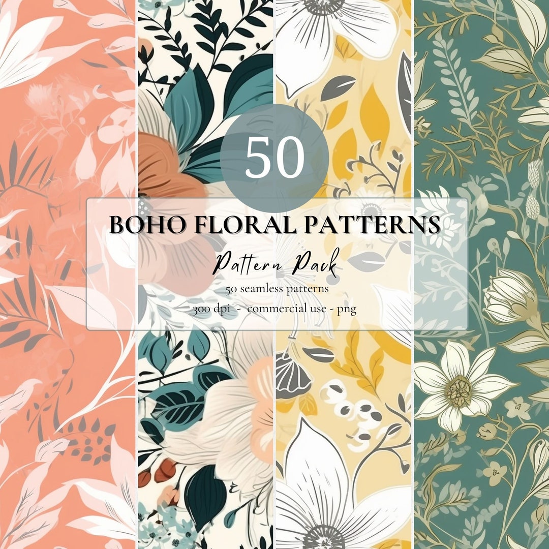 50 Boho Floral Patterns - PNG - Digital Download, Commercial Use ...