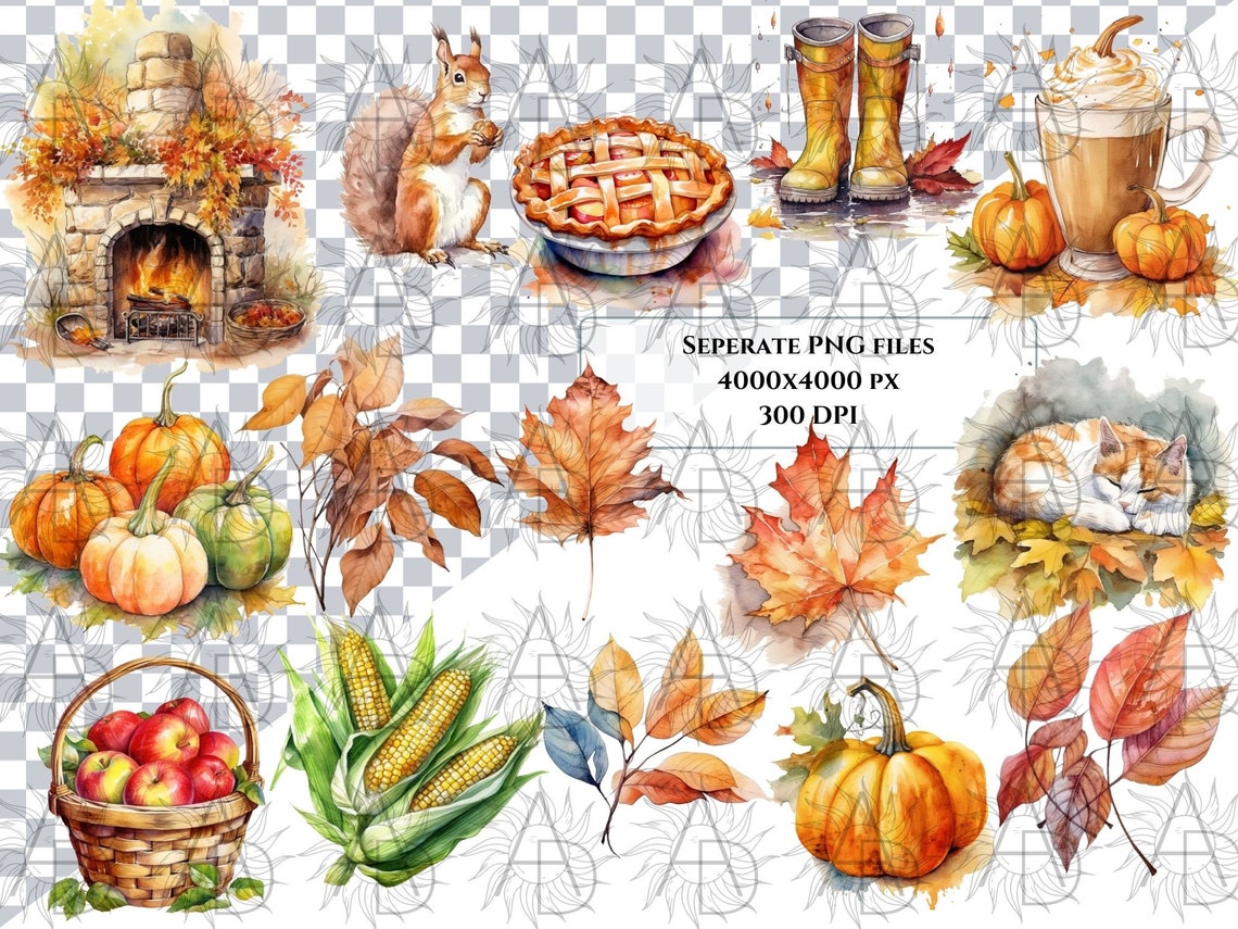 Watercolor Fall Clipart Bundle 25 PNG Digital Download Commercial Use ...