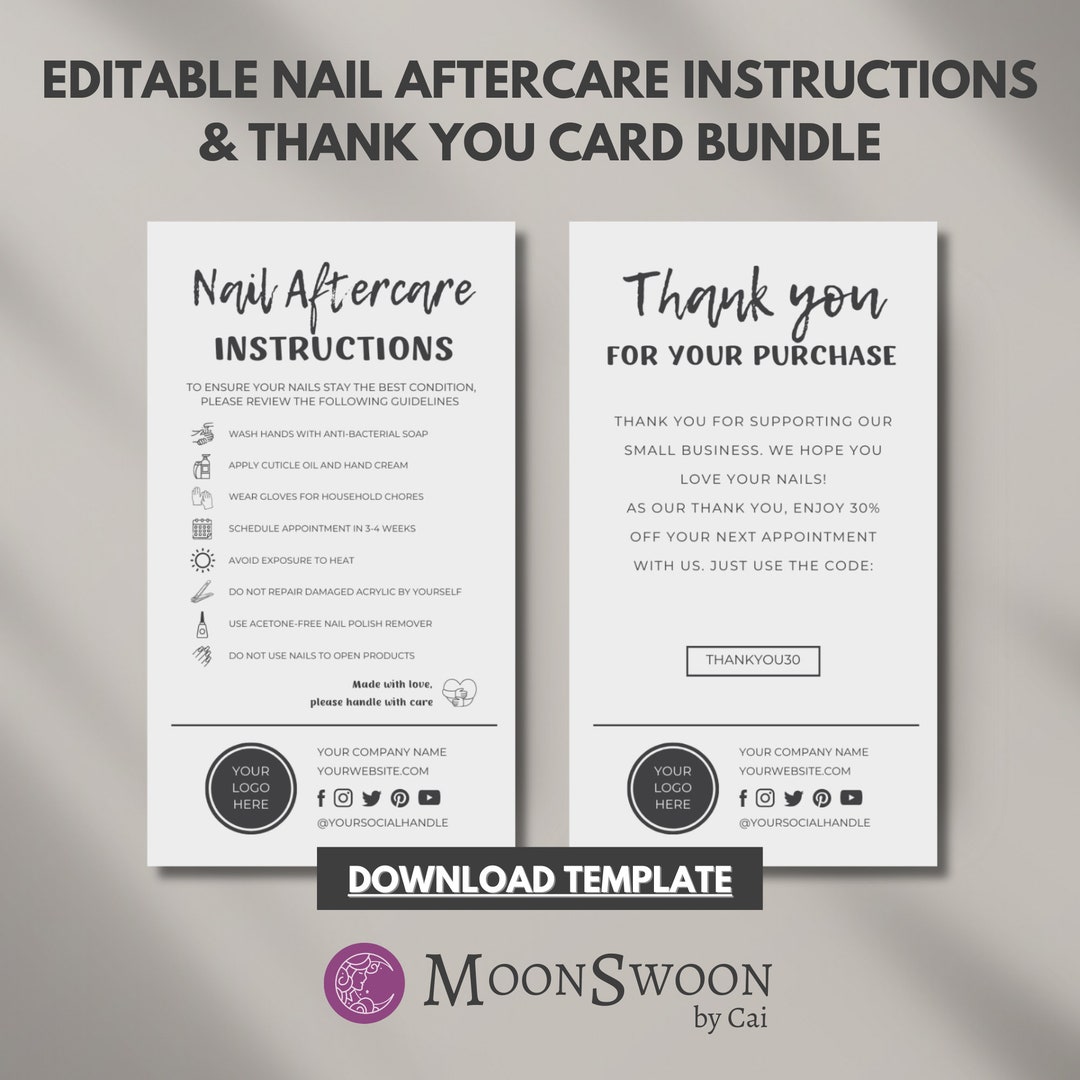 EDITABLE Nail Aftercare Instructions and Thank You Card - Etsy