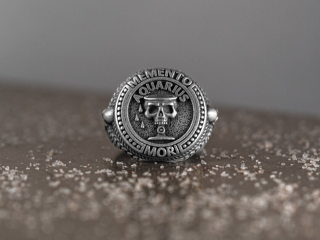 Memento Mori Engraving Aquarius Sign Ring for Men, Skull Mens in ...