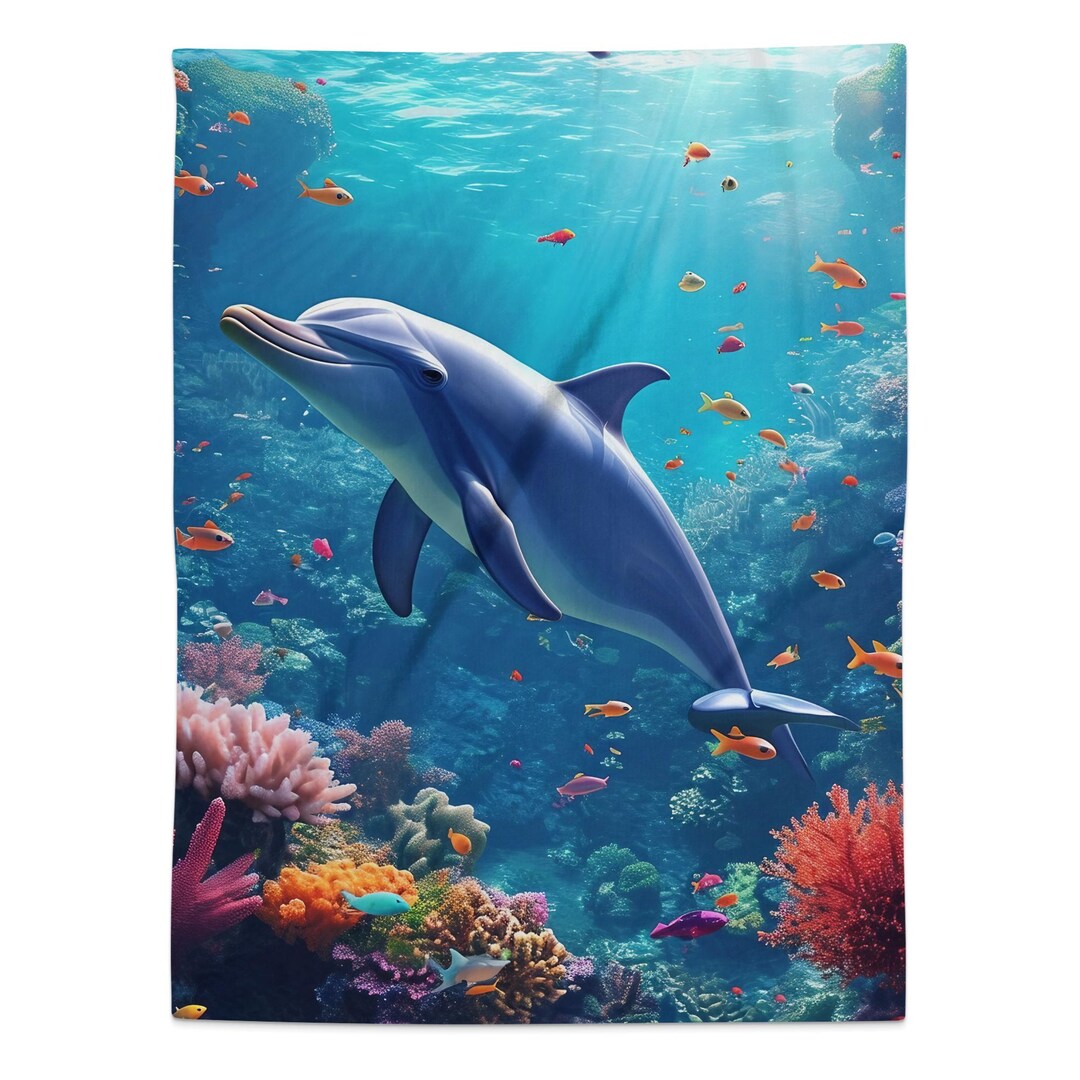 Underwater Dolphin Ocean Throw Blanket, Marine Life Coral Reef Blanket ...