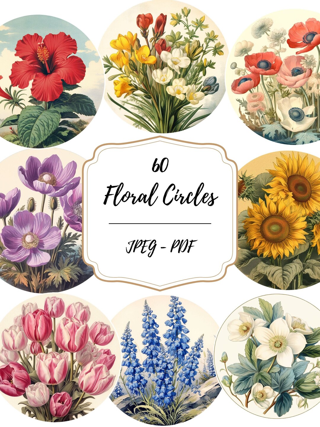 Floral Circles Printable Pages // 60 Vintage Inspired Fussy - Etsy