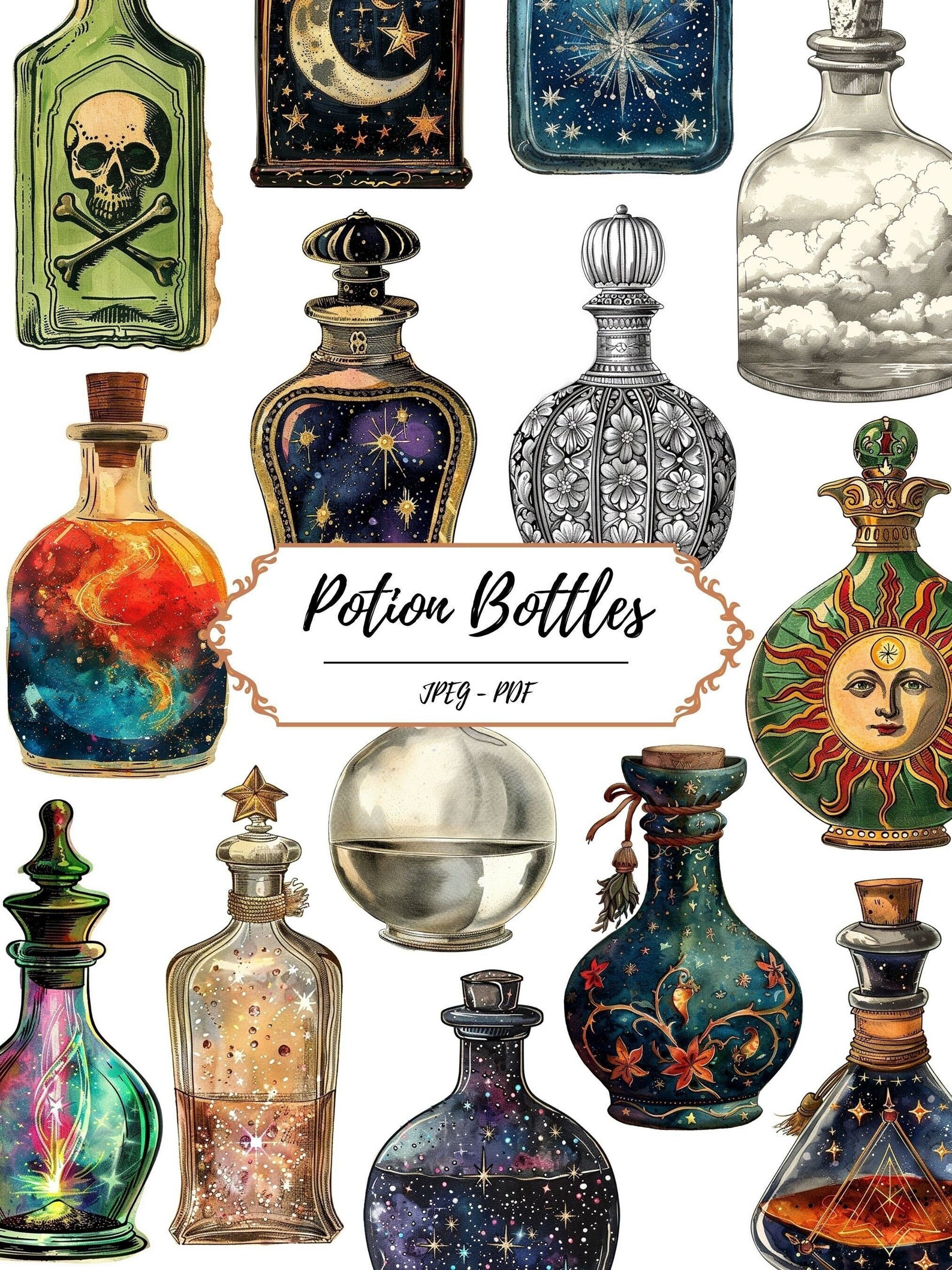 Potion Bottles Fussy Cut Printable Pages // 60 Vintage Inspired Images ...