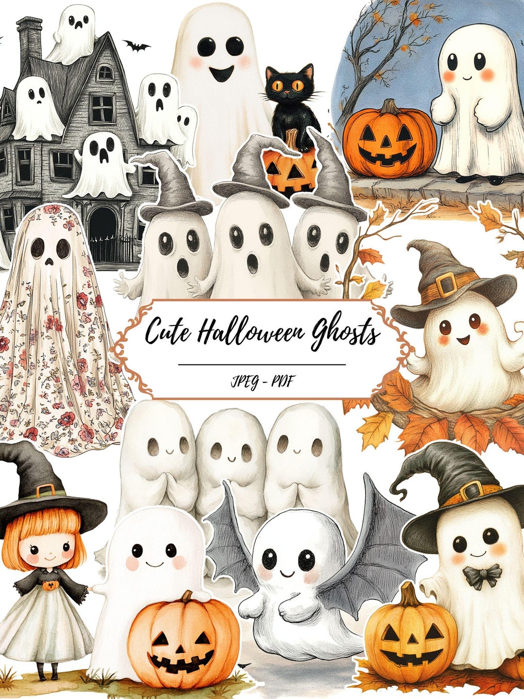 Cute Halloween Ghosts Printable Pages // 60 Fussy Cut Images // JPEG ...