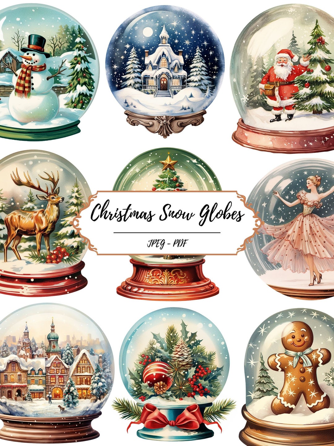 Christmas Snow Globes Printable Pages // 60 Fussy Cut Images // Xmas ...