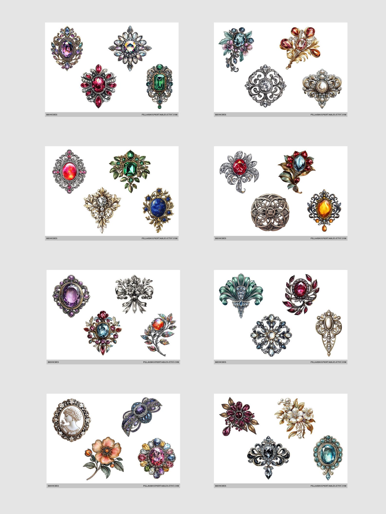 Vintage Brooches Printable Pages // 60 Fussy Cutting Images // Fashion ...