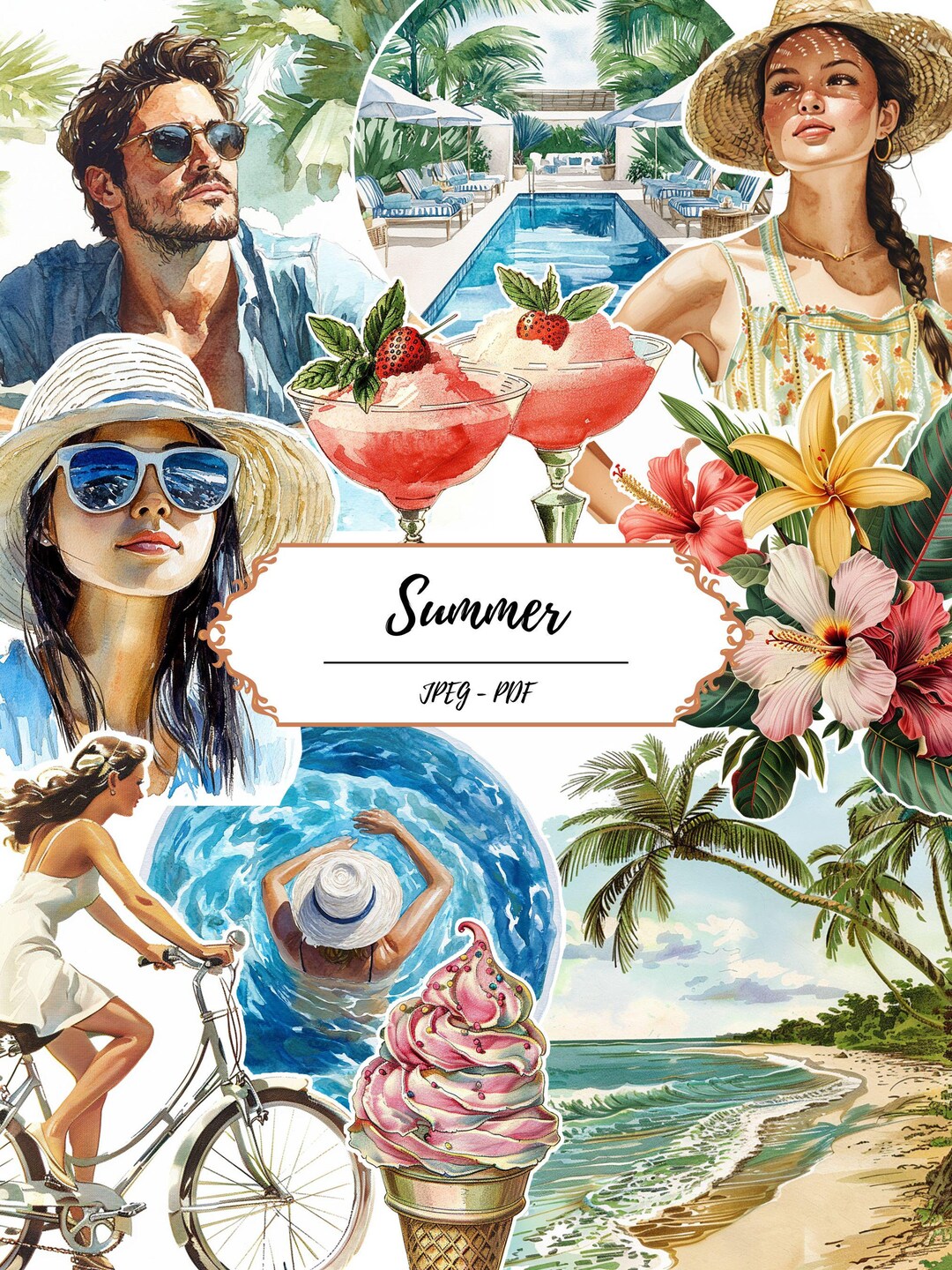 Summer Printable Pages // 60 Fussy Cut Clip Art Images // Summertime ...