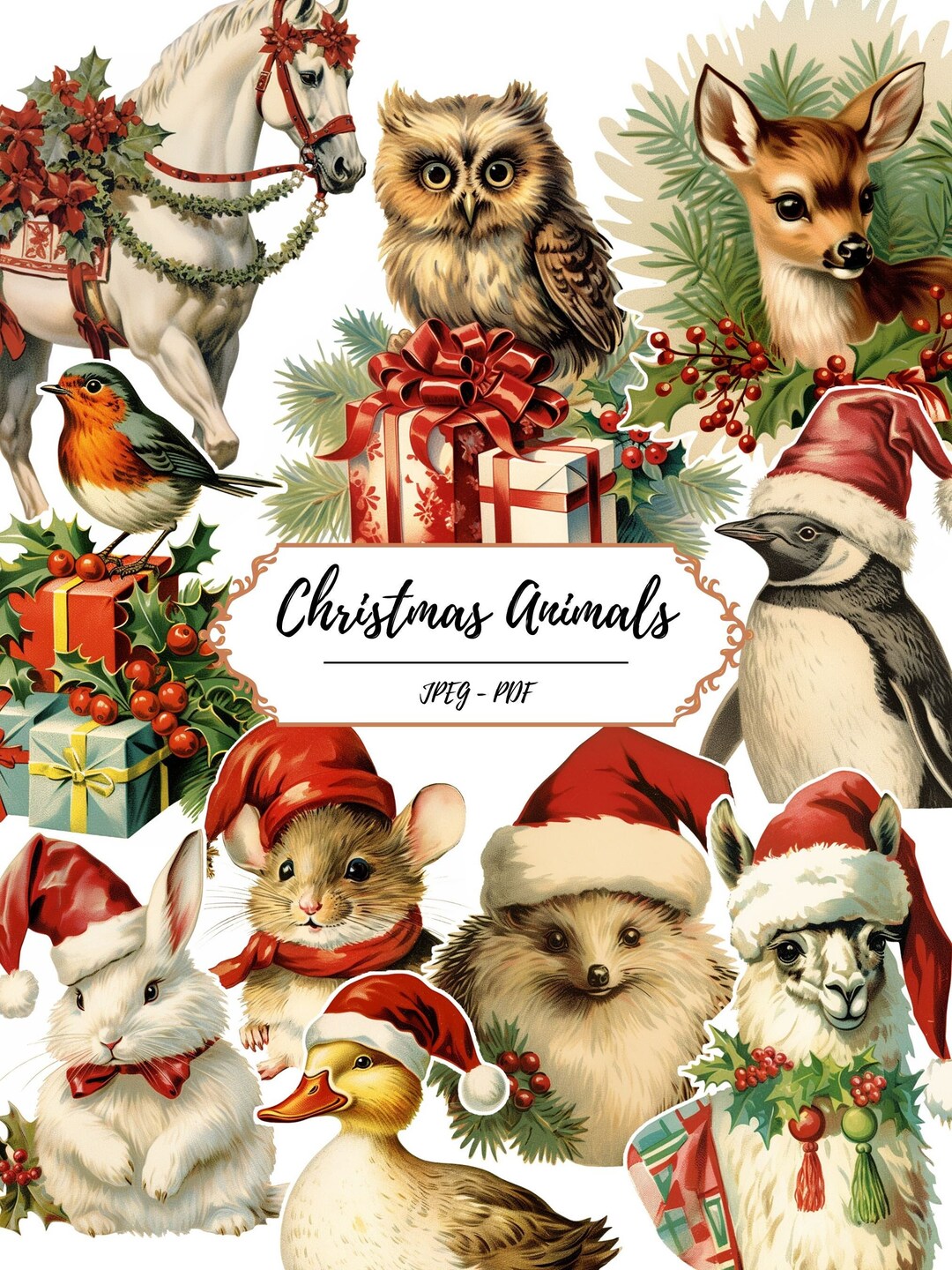 Christmas Animals Printable Pages // 60 Vintage Inspired Fussy Cut ...