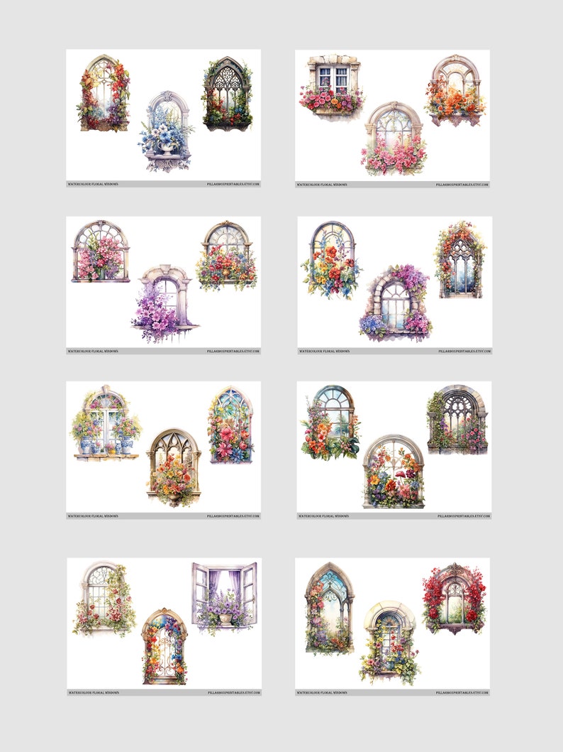 Watercolour Floral Windows Printable Digital Pages // 60 Fussy Cut ...