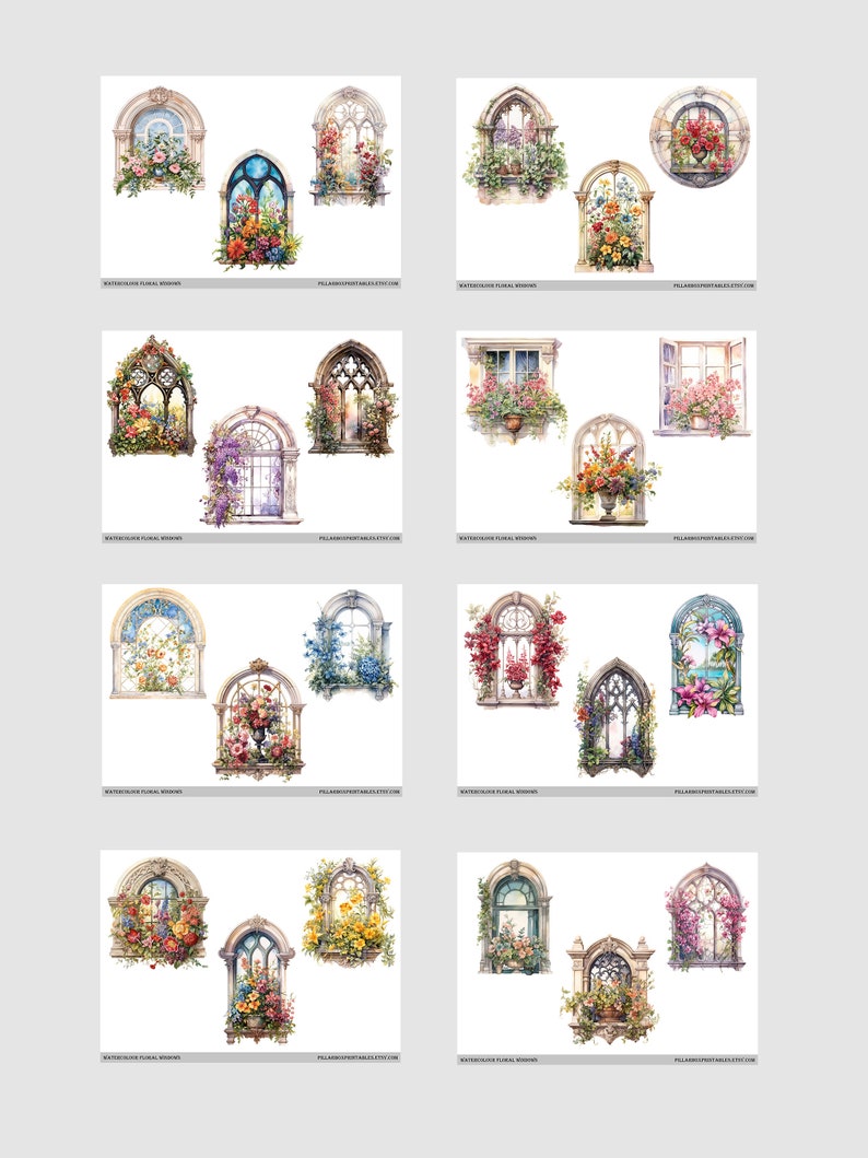 Watercolour Floral Windows Printable Digital Pages // 60 Fussy Cut ...