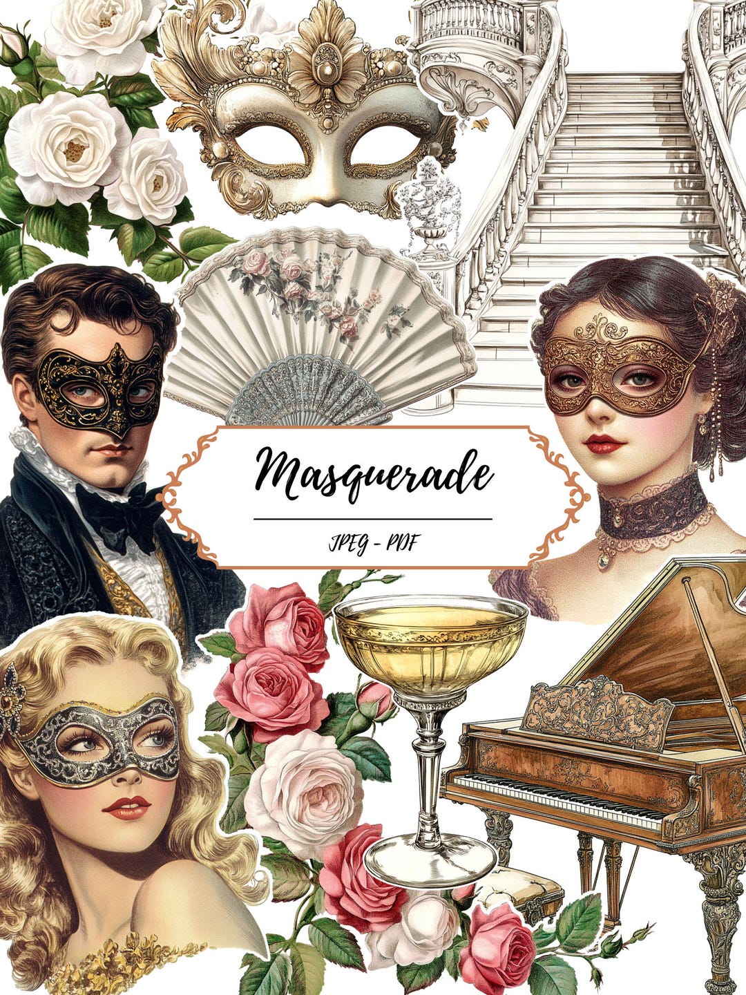 Masquerade Printable Pages // 60 Vintage Inspired Fussy Cut Clip Art ...