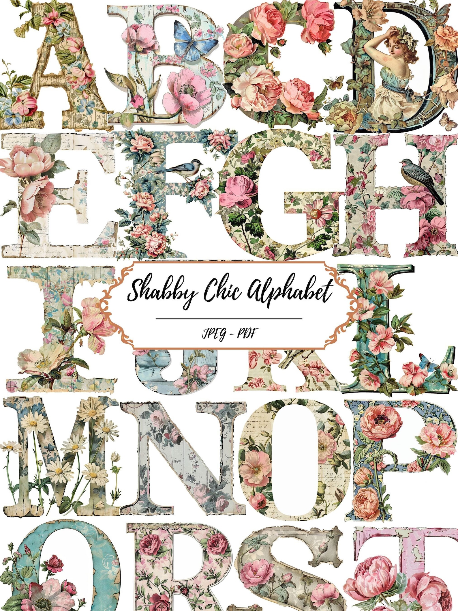 Shabby Chic Alphabet Printable Pages // 104 Fussy Cut Images // Floral ...