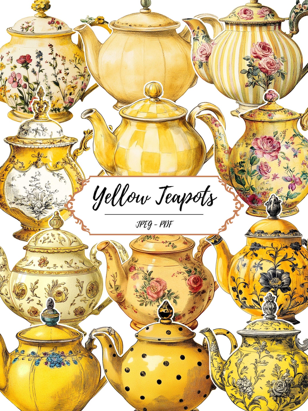 Yellow Teapot Printable Pages // 60 Vintage Inspired Fussy Cut Images ...