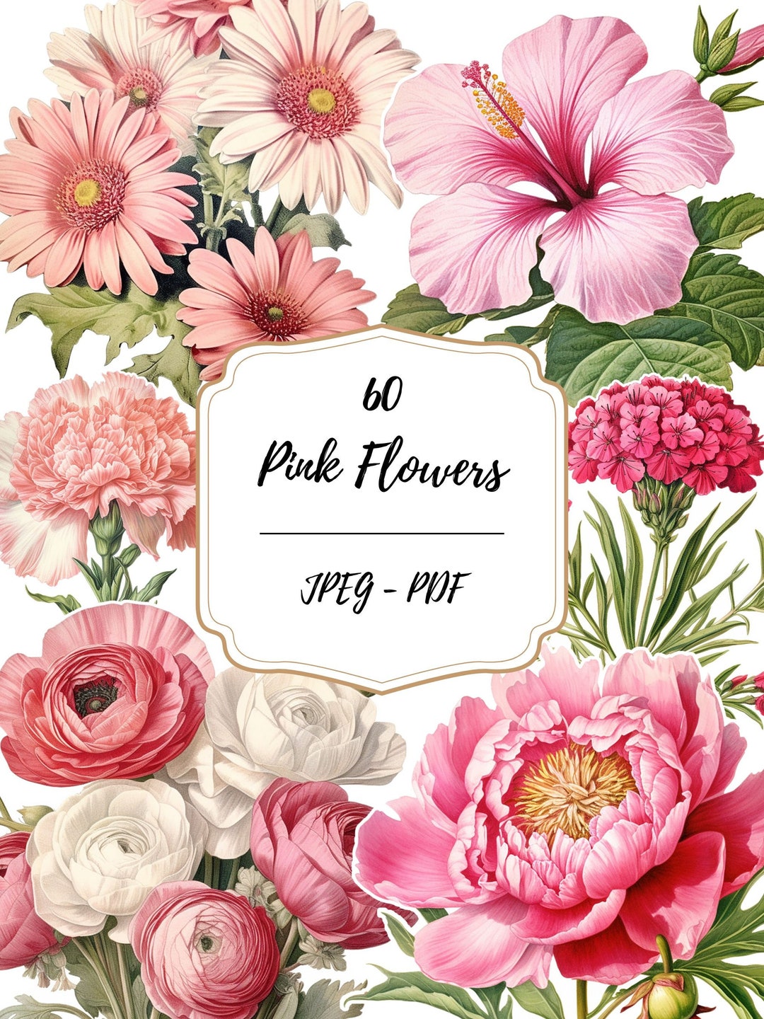Pink Flowers Fussy Cut Printable Pages // 60 Vintage Inspired - Etsy