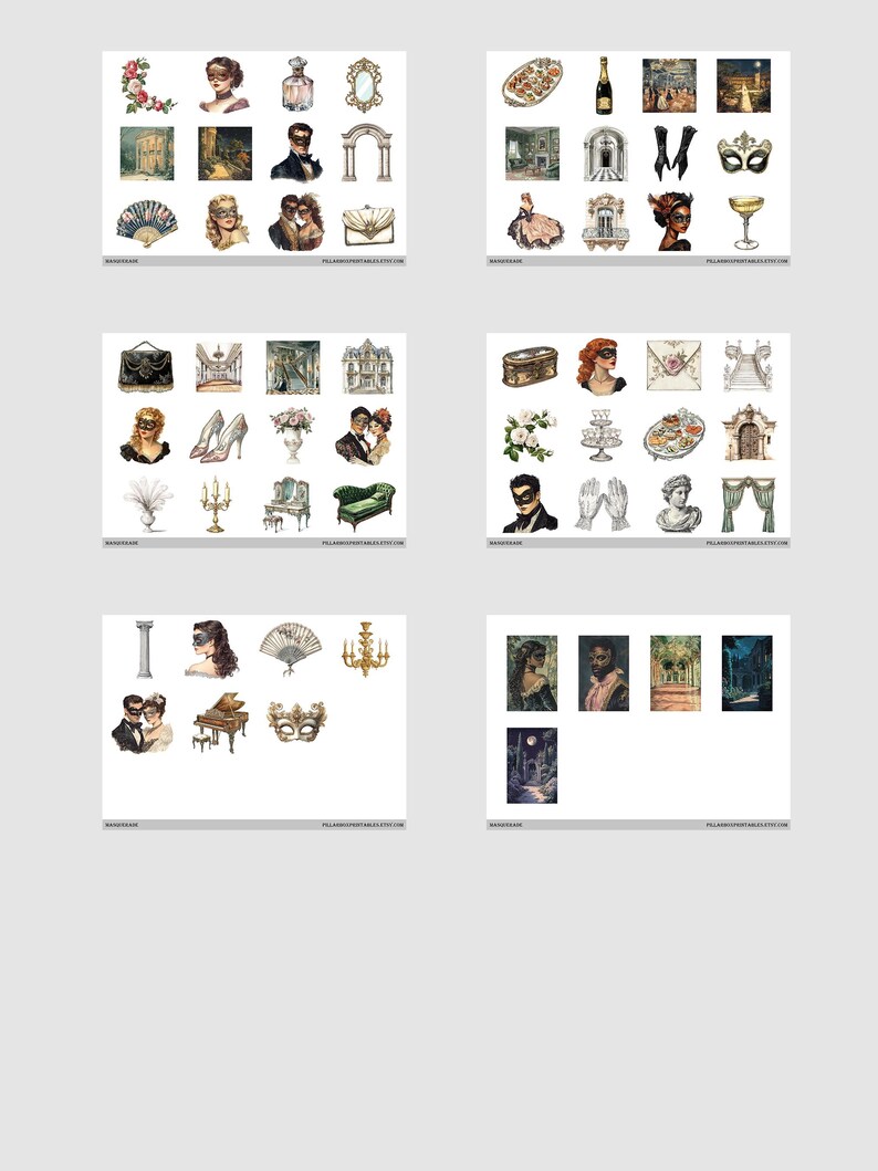 Masquerade Printable Pages // 60 Vintage Inspired Fussy Cut Clip Art ...