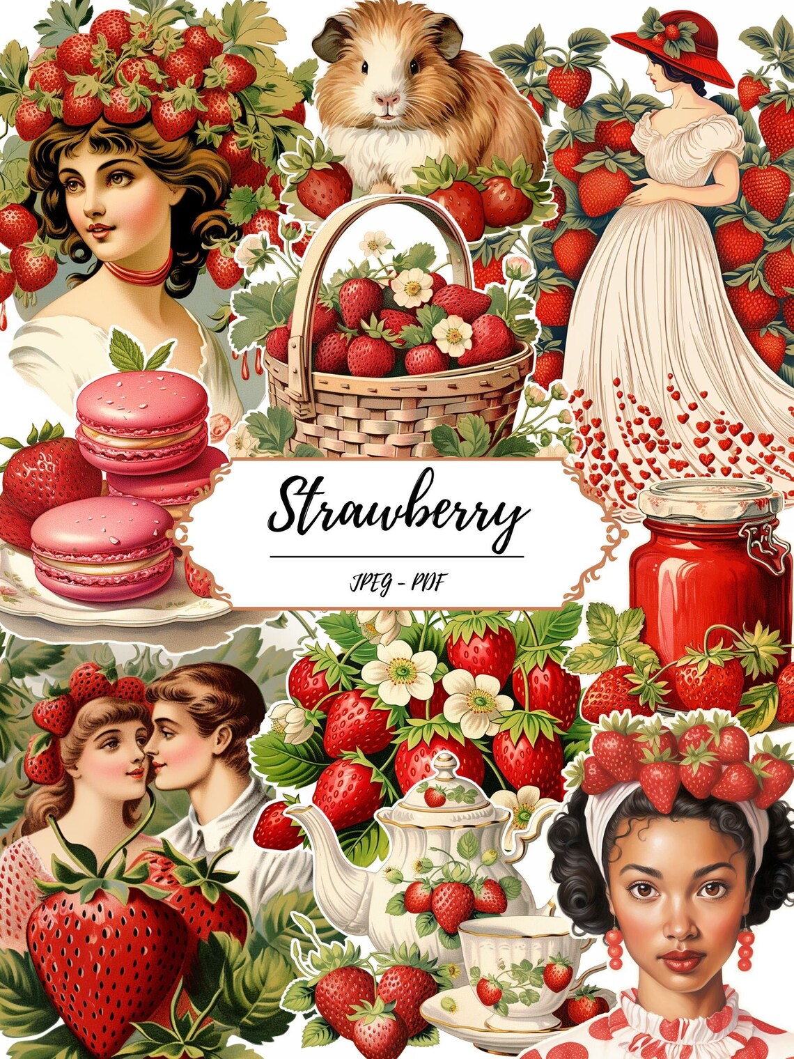 Strawberry Printable Pages // 60 Vintage Inspired Fussy Cut Images ...
