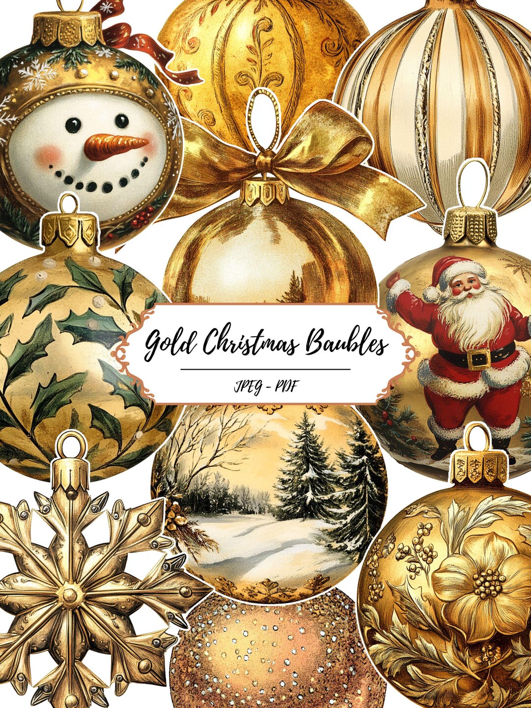 Gold Christmas Baubles Printable Pages // 60 Fussy Cut Clip Art Images ...