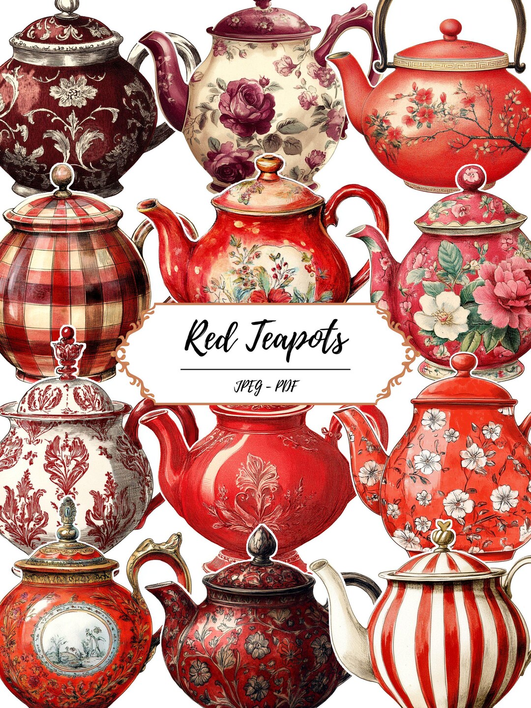 Red Teapots Printable Pages // 60 Vintage Inspired Fussy Cut Clip Art ...