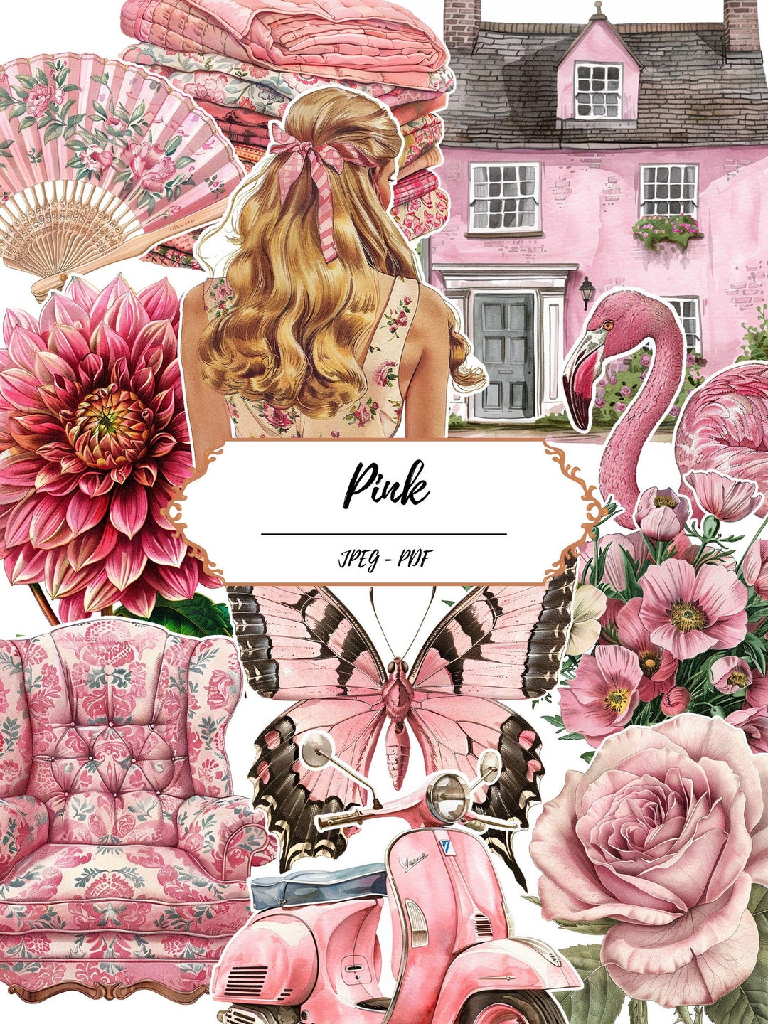 Pink Theme Printable Pages // 60 Vintage Inspired Clip Art Images ...